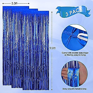 Birthday Party Decorations| 3 Pack 3.3 x 9.9 ft Blue Foil Fringe Curtains Party Supplies|Tinsel Curtain Backdrop for Parties, Glitter Streamers Backdrop for Birthday/Photo Booth Backdrops/Party Decor