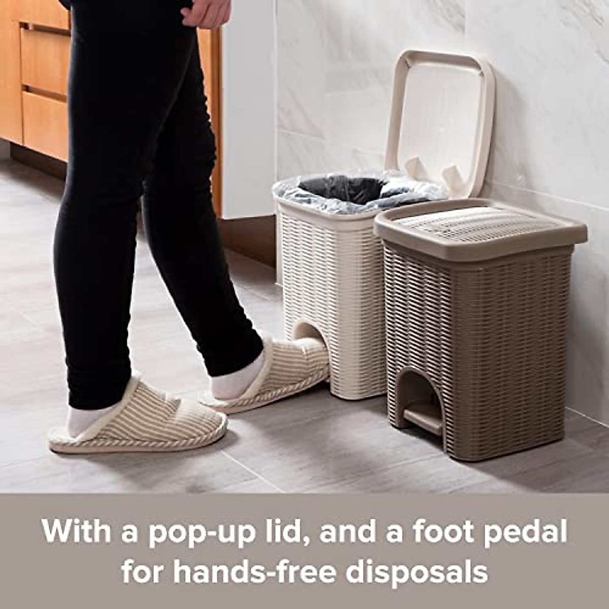 Rattan Style Plastic Garbage Can - Touchless Trash Can with Foot Pedal - Step On Trash Can with Lid - Double Barrel Trash Can for Bathroom - Kitchen Trash Can - Pop Up Trash Bin - 7.8"x12.4" - Brown