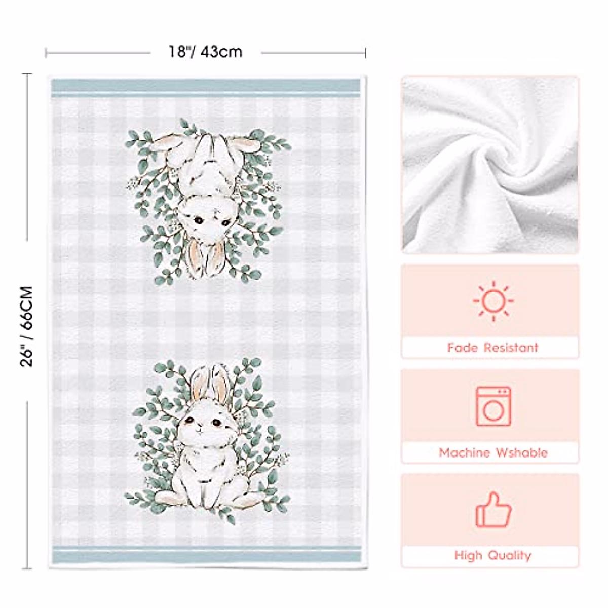 Artoid Mode Buffalo Plaid Rabbit Bunny Eucalyptus Leaves Easter Kitchen Towels Dish Towels, 18x26 Inch Seasonal Spring Holiday Decoration Hand Towels Set of 2