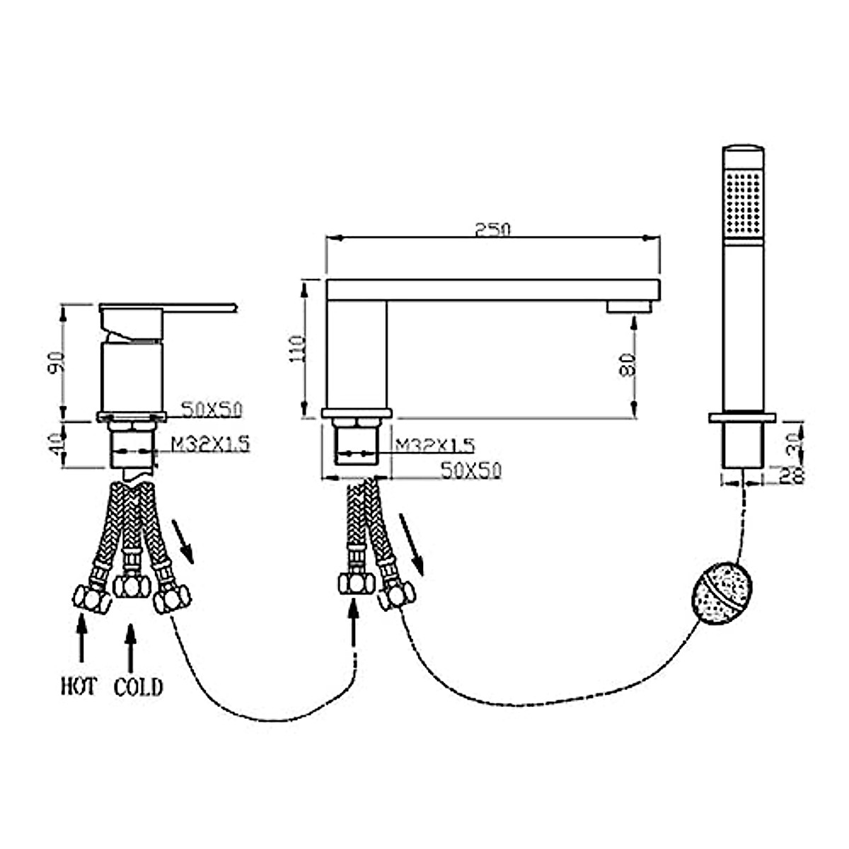 WuDLi Bath Mixer Tap with Shower Attachment, Mixer Shower Taps for Bath, Bathtub Mixer Tap with Handheld Shower 3 Hole