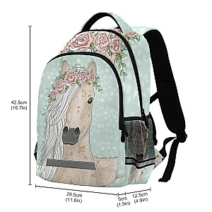 Horse Flowers Backpack for Boys Girls, Teal Fairytale Pony Bookbag Elementary Schoolbag Travel Bag Casual Daypack Rucksack for Students