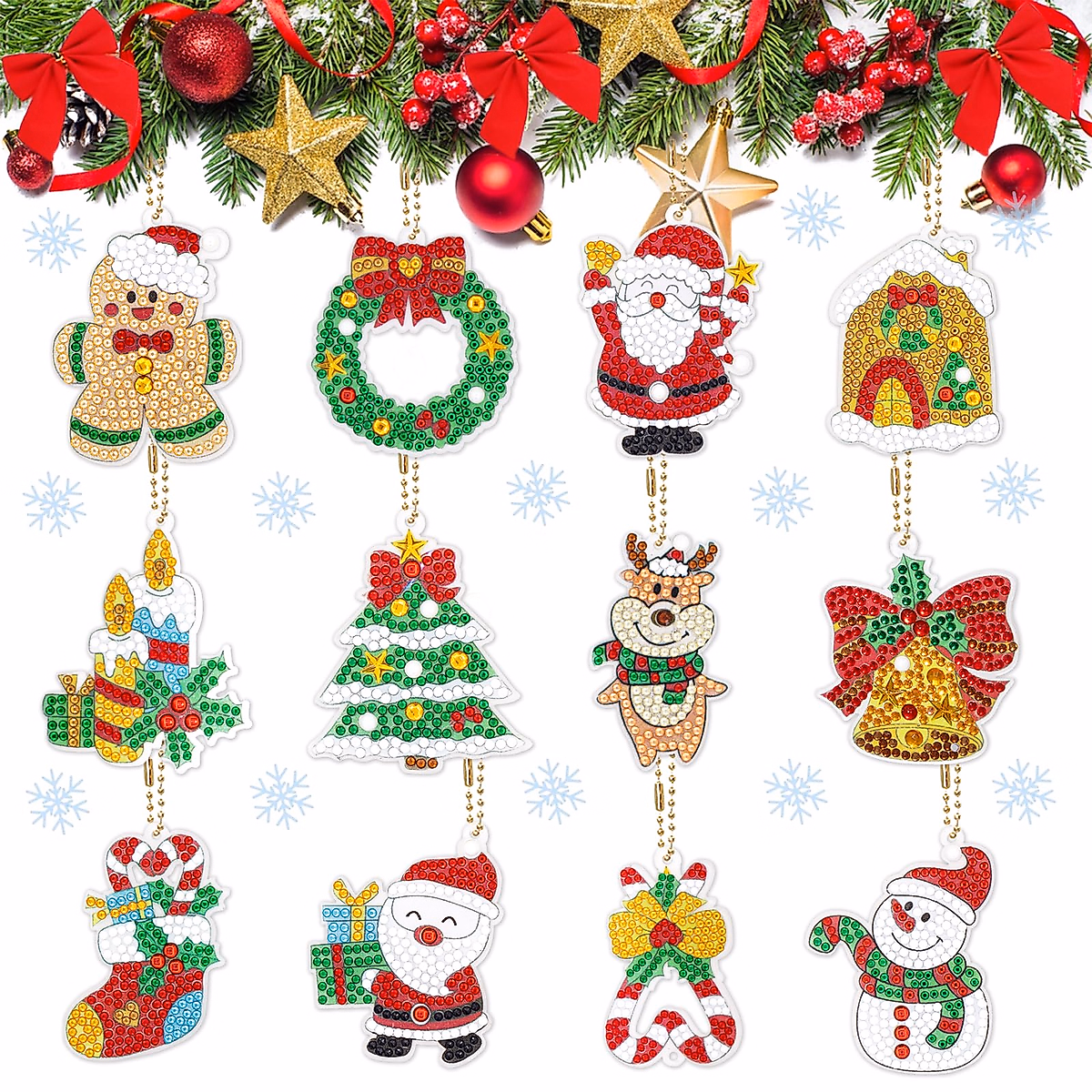 Nardoll Christmas Crafts for Kids - 12 Pieces Christmas Diamond Art Keychains - Make Your Own Diamond Art Christmas Ornaments Decor - 5D DIY Xmas Diamond GEM Arts and Crafts for Girls Ages 4-8 8-12