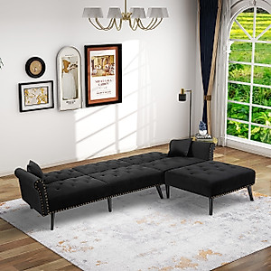 POCIYIHOME Sectional Sofa Right Hand Facing Velvet Button Tufted, L Shape Chaise with Nail Head Detail, Modern 4-Seater with Seat Cushion & Wood Leg, 2 Pillows, Couch for Living Room,Office, Black