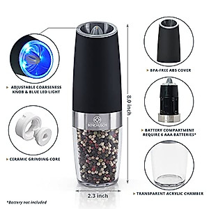 Electric Gravity Salt and Pepper Grinder Set - Automatic Pepper and Salt Mills - 02 Battery Powered Shakers with Blue LED Lights - One Hand Operated - Refillable and Adjustable Coarseness (2xBlack)