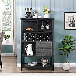 CEMKAR Industrial Bar Cabinet, Modern High Display Wine Storage Rack, Wood and Metal Cabinets for Home Kitchen Storage, Restaurant Cafe Cafeteria Bar Cabinet (Black+Gray)