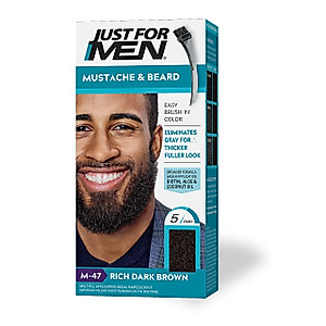 Just For Men Mustache & Beard, Beard Dye for Men with Brush Included for Easy Application, With Biotin Aloe and Coconut Oil for Healthy Facial Hair - Rich Dark Brown, M-47, Pack of 1