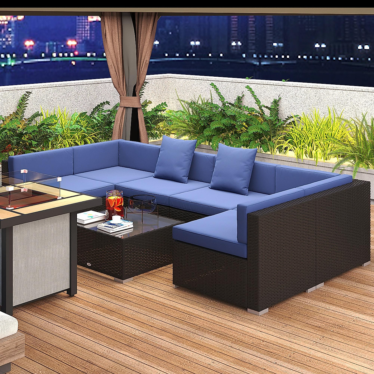 Outsunny 7-Piece Patio Furniture Sets Outdoor Wicker Conversation Sets All Weather PE Rattan Sectional Sofa Set with Cushions & Tempered Glass Desktop, Dark Blue