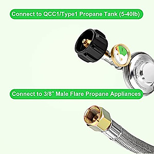 WADEO 5FT Gas Grill Regulator and Hose with Gauge, Stainless Braided Propane Hose with Regulator, Propane Adapter for Gas Water Heater, Fire Pit, Burner Stove, Smoker, 3/8" Female Flare Nut