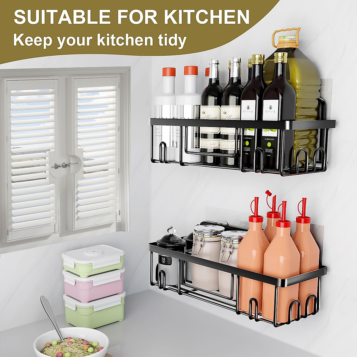 IKOLYS Shower Caddy 2 Packs, Bathroom Shower Organizer Adhesive Shower Basket, Rustproof Stainless Steel Bathroom Shower Storage and Home Decor, Shower Shelf for Bathroom and Kitchen - Black