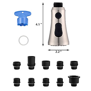 Hibbent Pull Down Kitchen Faucet Head Replacement, 3-Function Kitchen Sink Spray Nozzle with 10 Adapters, Compatible with Moen, American Standard, Delta, Kohler Faucets, Brushed Nickel