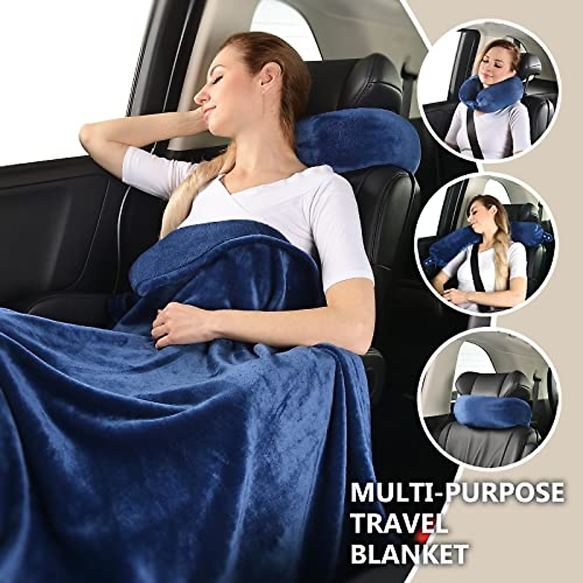 SOCHOW Travel Blanket or Neck Pillow, 2-in-1 Soft Fleece Blanket with Neck Pillowcase Sets for Airplane Car Camping and Office, Navy Blue