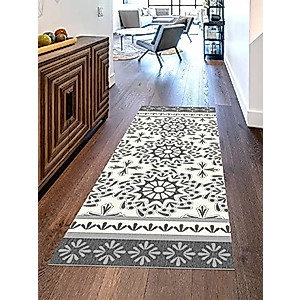 Studio M Floor Flair Lisbon - Black and Grey - 2.5 x 7 Ft Decorative Vinyl Rug - Non-Slip, Waterproof Floor Mat - Easy to Clean,, Ultra Low Profile - Printed in The USA