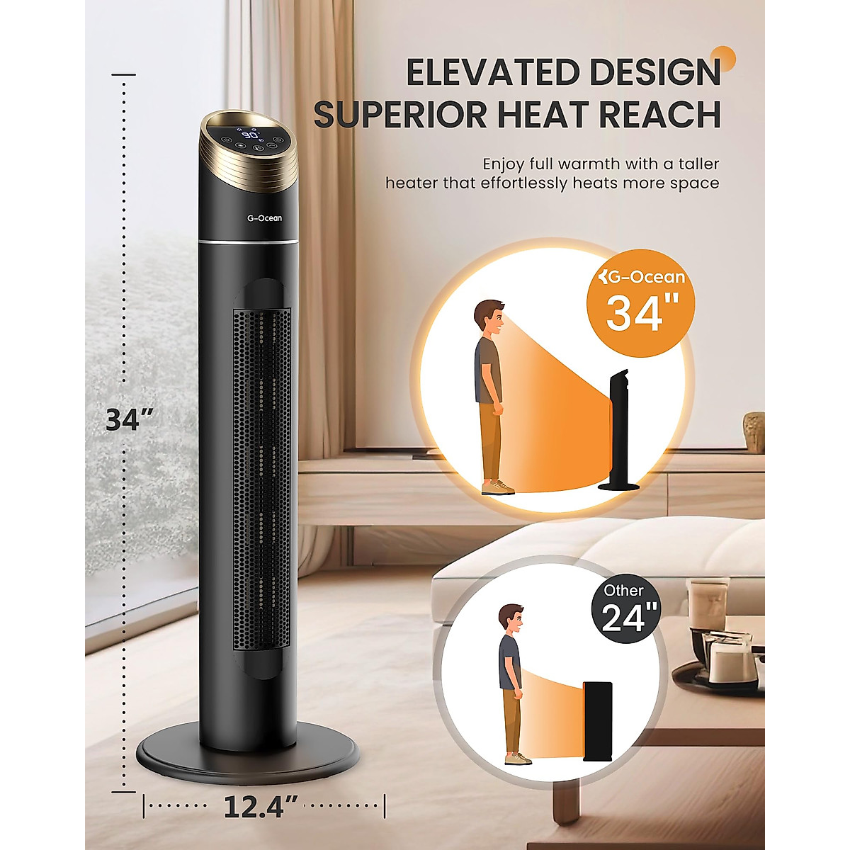 Space Heater, 34" Space Heater for Large Room with Remote, 1500W Tower Heater with 12H Timer, 70° Oscillating, Adjustable Thermostat, Overheating & Tip-over Protection, Indoor Use, Black