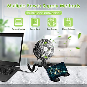 VASG 5000mAh Battery Operated Stroller Fan, Portable Handheld Mini Fan Clip on Fan with Flexible Tripod, USB or Battery Powered Desk Fan, 3 Speeds and Rotatable Personal Fan for Car Seat, Crib, Bike..