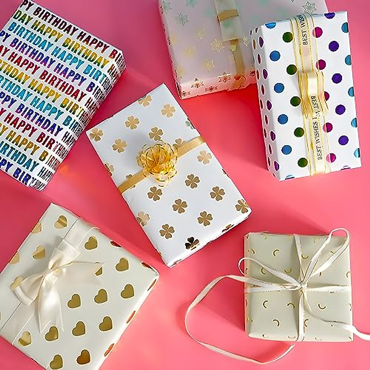 Gift Wrapping Paper Birthday, 6 Sheets Metallic Foil Wrapping Paper Set Colorful Gold Heart Dots Star Happy Birthday Wrapping Paper for Women Men, Gift Wrapping Paper for Any Occasions, 27x19 Inches