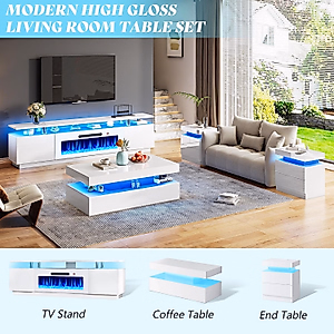 AMERLIFE Fireplace TV Stand with 40" Fireplace, 80" Modern High Gloss Fireplace Entertainment Center LED Lights, 2 Tier TV Console Cabinet for TVs Up to 90", White & White