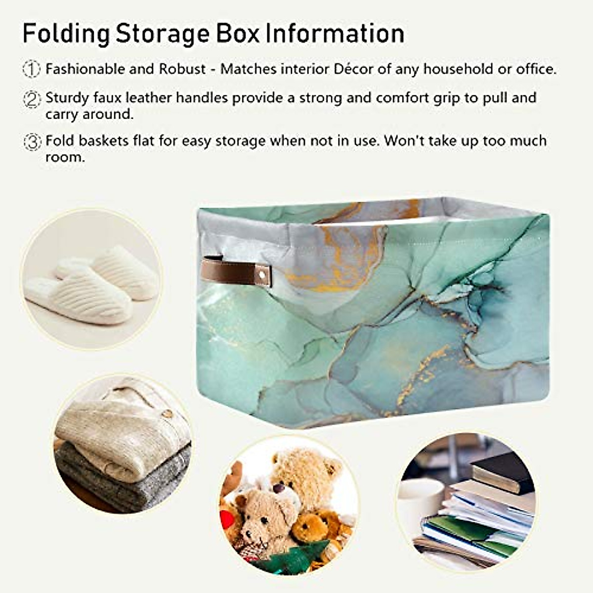 MNSRUU Storage Basket Teal Colored Abstract Marble Collapsible Organizer Basket with PU Handles, Waterproof Nursery Laundry Basket，1 Pack
