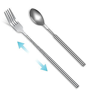 Geetery 2 Pcs Telescopic Spoon Fork Set Extendable Fork Spoon Stainless Steel Dinner Fork Extends to 25 Inch Anti Rust Fruit Dessert Long Handle Fork Spoon Cutlery Set for Barbecue Toasting Dinner