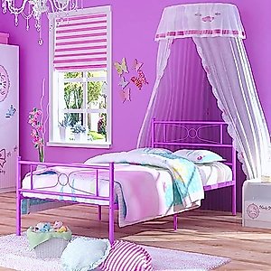 GIME Purple Twin Bed Frames with Storage for Adults Teens, Single Beds Metal Twin Size Beds for Girls, No Box Spring Needed Twin Platform with Headboard for Students