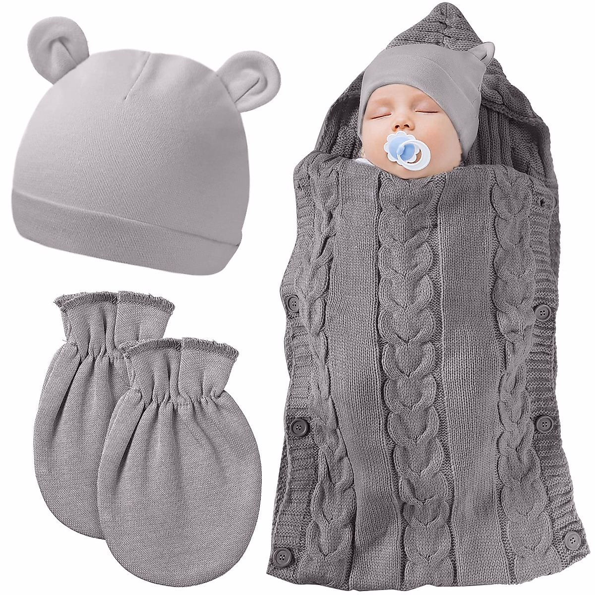 Zhanmai Newborn Baby Wrap Swaddle Blanket Knit Sleeping Bag Receiving Blankets Stroller Wrap Hat Mitten for Baby 9-12 Months
