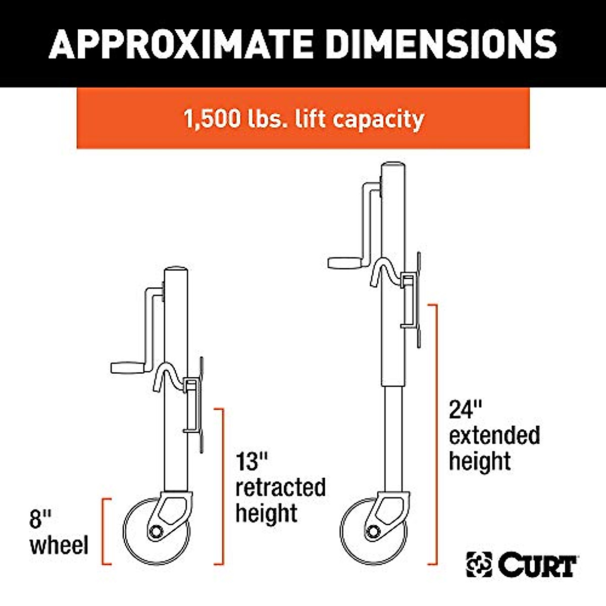 CURT 28116 Marine Boat Trailer Jack with 8-Inch Wheel, 1,500 lbs. 11 Inches Vertical Travel