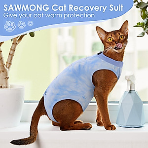 SAWMONG Cat Surgery Recovery Suit,Breathable Cat Onesie After Surgery Spay Surgical,E-Collar Alternative Non-Lick Pet Body Suit Blue M