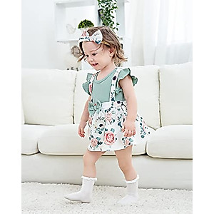 HIGHUZZA Baby Girl Clothes 3-6 Months Newborn Romper Summer Dress Infant Outfits Fly Sleeve Floral Clothing Suspender Headband Overall Skirt Set Green