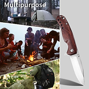 Wood Handle Pocket Knife, 2.9in 8Cr13MoV Stainless Steel Blade, EDC Knife with Belt Clip for Hunting, Camping, Hiking, and Everyday Carry, 6.5in