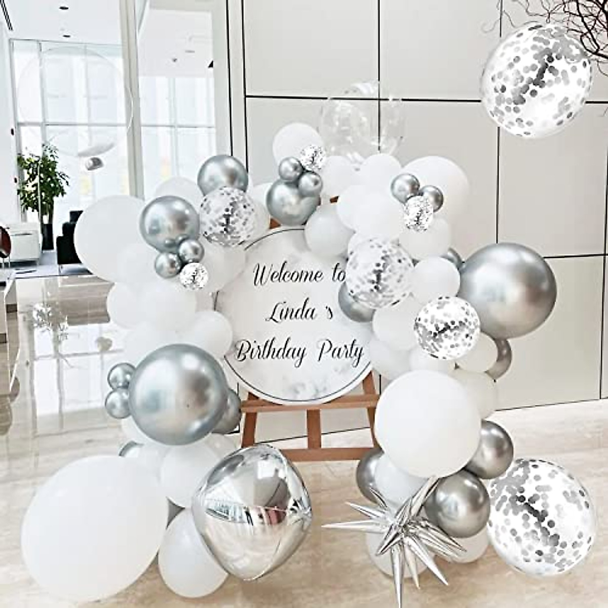 60 PCS White Silver Confetti Latex Balloons, 12 inch Silver Metallic Balloon with White Latex Balloons for Wedding Birthday Baby Shower Decorations