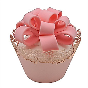 Cupcake Wrappers Pack of 50 Pink Filigree Artistic Bake Cake Paper Cups Little Vine Lace Laser Cut Liner Baking Cup Muffin Case Trays for Wedding Party Birthday Decoration -By KPOSIYA