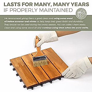 Interlocking Acacia Hardwood Deck Tile (Pack of 10, 12"x12") - Patio Tile With Solid Wooden Oiled Finish, Waterproof All Weather (12x12x0.85 Inch, 4 Slat on Each)