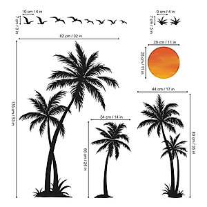 wondever Large Black Palm Tree Wall Stickers Tropical Tree Plants Birds Peel and Stick Wall Art Decals for Living Room Bedroom TV Background (H: 53 inch)