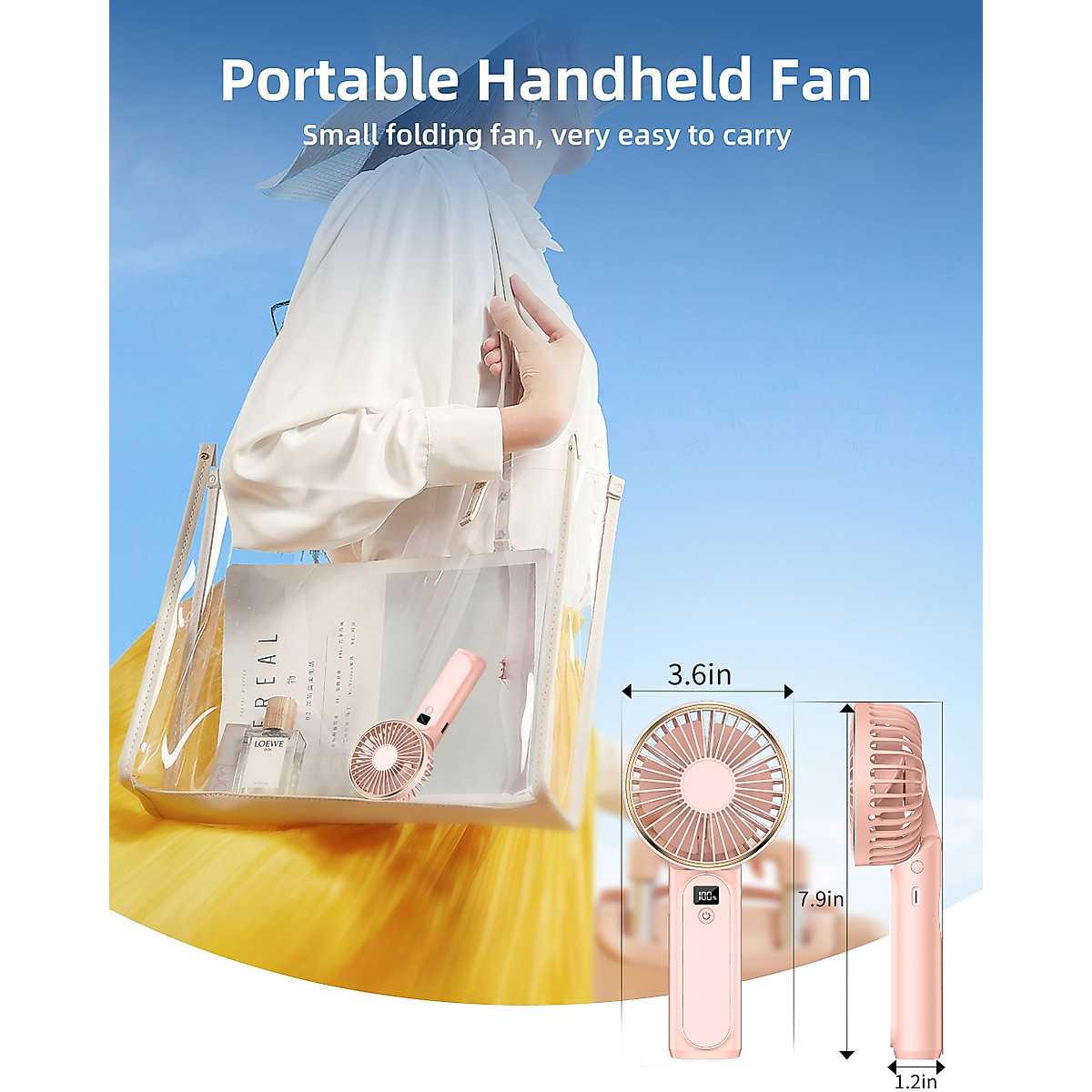 TUNISE Portable Handheld Fan, Neck Fan, 4000mAh Desk Fan, 180° Adjustable, 6 Speed Wind, Display Electricity in Real Time, USB Rechargeable Foldable Fan, Quiet Personal Fan as Power Bank