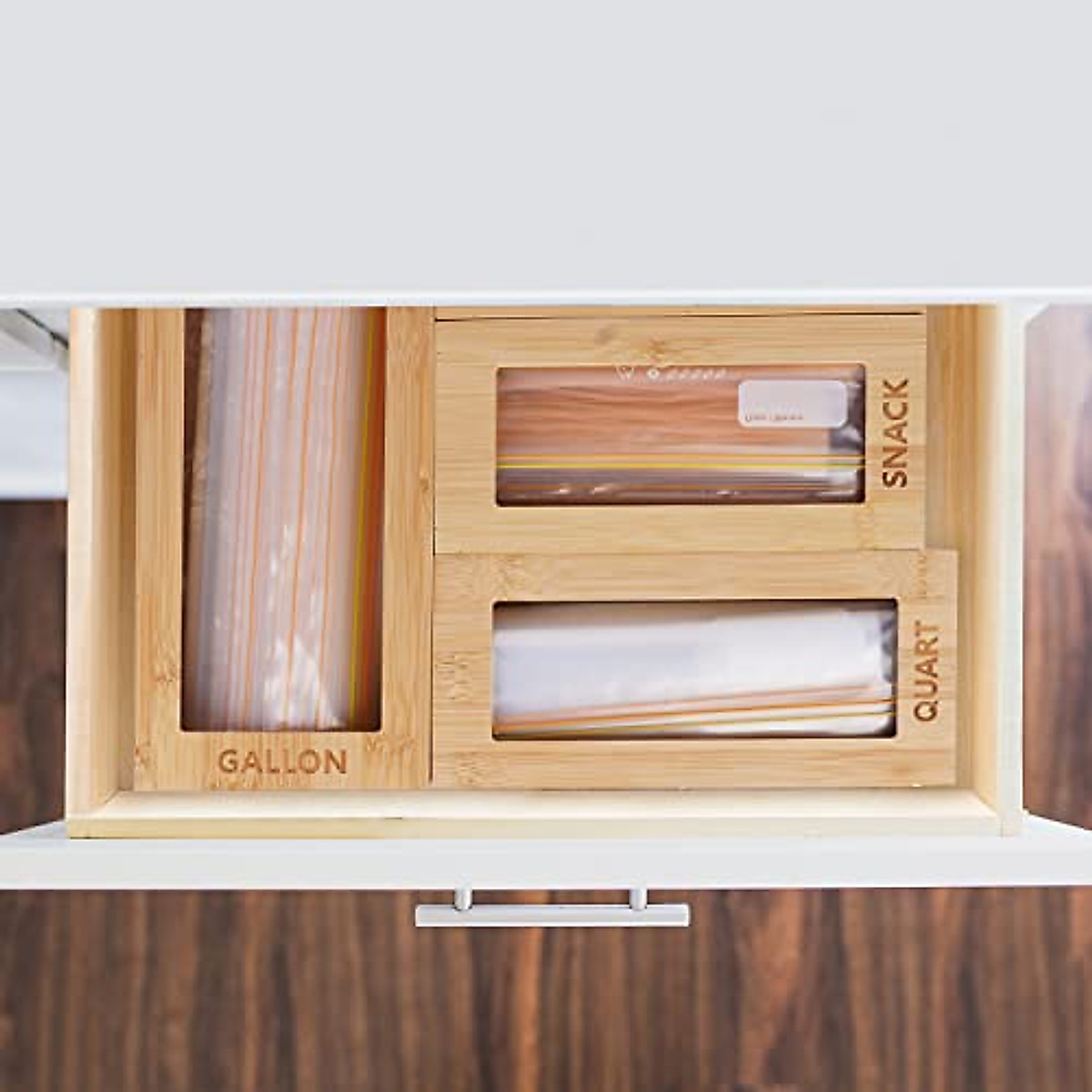 Set of 4 Bamboo Food Storage Bag Organizer with Non-Slip Pads for Gallon, Quart, Sandwich, Snack, Zipper and Slider Bags, Kitchen Drawer Organizer for Ziploc, Glad, Solimo, 365 by WFM, Hefty