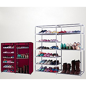 27-Pairs Portable Boot Rack, Double Row Shoe Rack Covered with Nonwoven Fabric,Space Saving Closet Shoe Cabinet Tower (Wine Red)