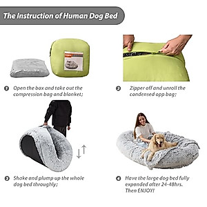 Homguava Large Human Dog Bed 75.5"x55"x12" Human-Sized Big Dog Bed for Adults&Pets Giant Beanbag Bed with Washable Fur Cover,Blanket and Strap, Grey Plush