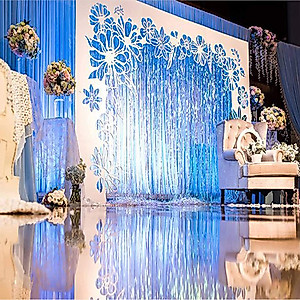 BRAVESHINE Blue Tinsel Foil Fringe Curtains - 2Pcs 3.2x8.2 ft Metallic Holidays Photo Backdrop for Birthdays Homecoming Bachelor Bachelorette Sea Theme Party Decorations