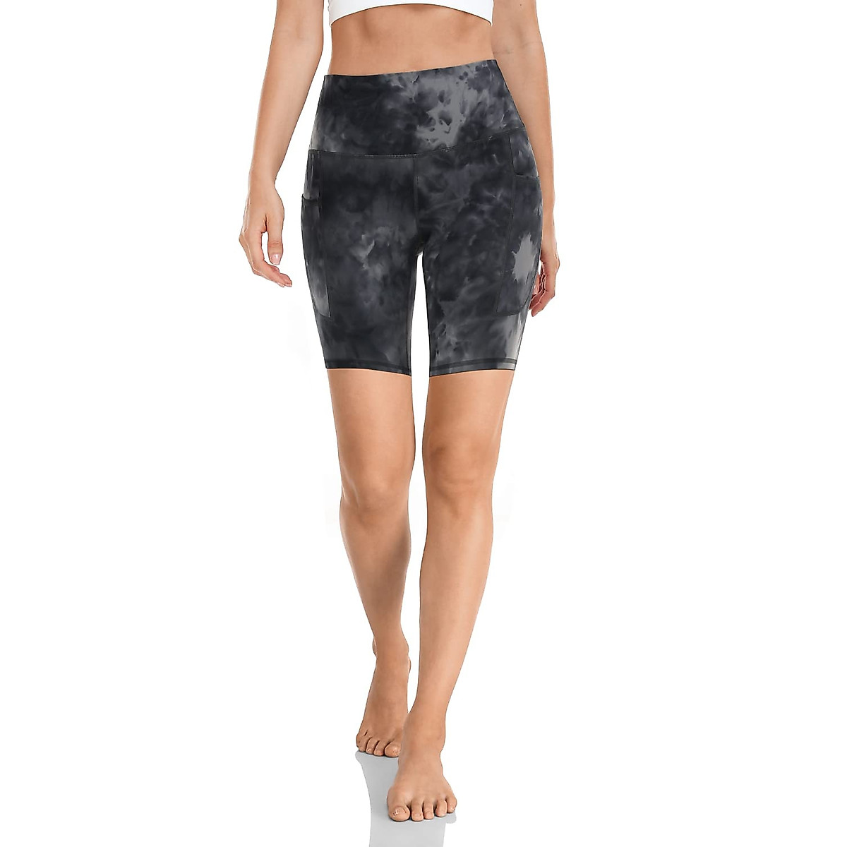 HeyNuts High Waisted Biker Shorts with Pockets for Women, Workout Compression Yoga Leggings Cycling Shorts 8'' Diamond Dye Coal Black M(8/10)