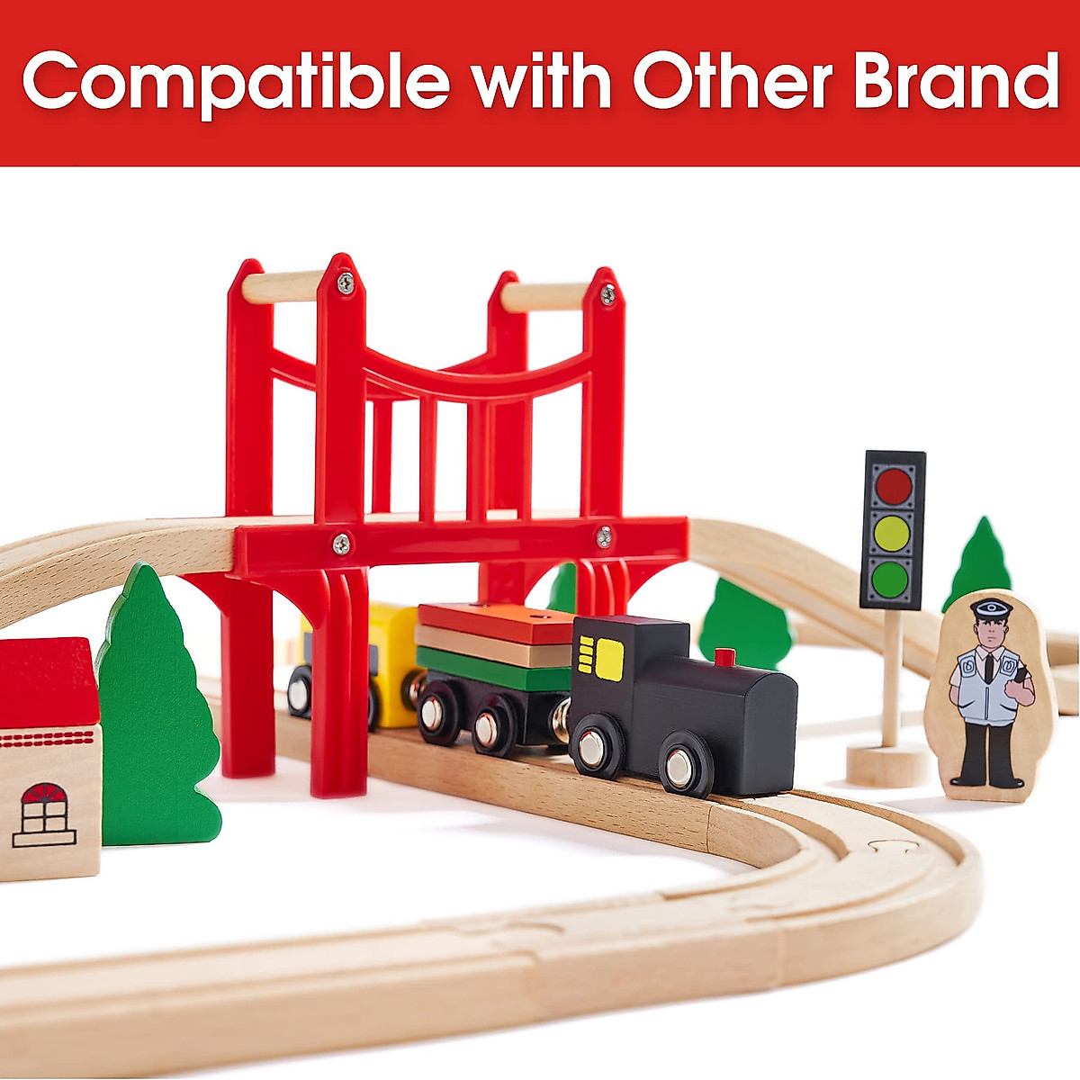 Tiny Land 74 Pcs Wooden Train Set with Battery Operated Train & Wooden Tracks -fits Thomas, fits Brio, fits Chuggington, fits Melissa and Other Major Brands for Kids Toys for 3+ Years