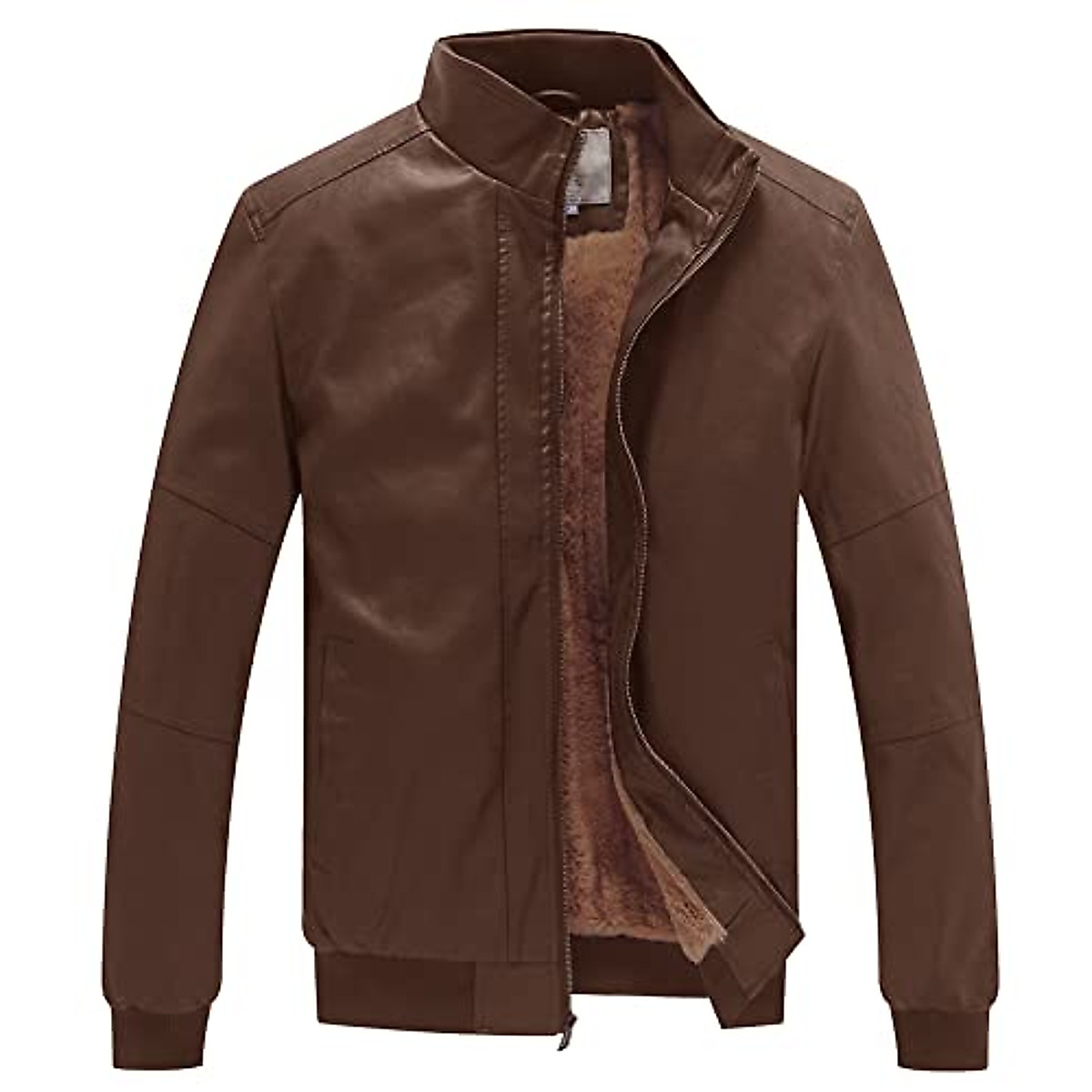 WenVen Men's Stand Collar Fleece Lined Bomber Faux Leather Jacket (Field, M)