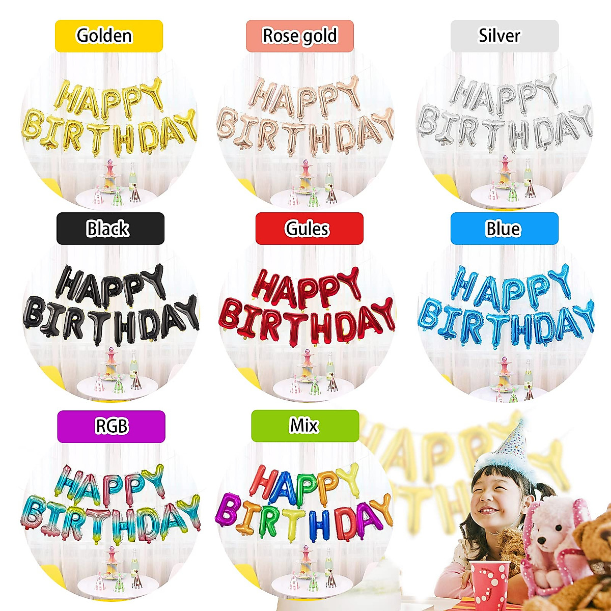 Happy Birthday Banner 16 Inch Mixed color Mylar Foil Letters Inflatable Balloons Birthday Party Decorations for Kids and Adults