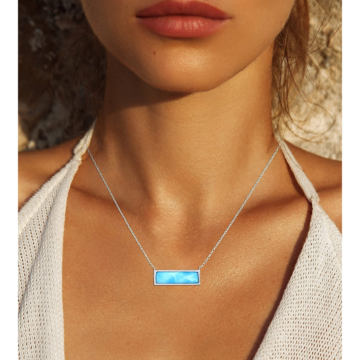 Beaux Bijoux Sterling Silver Natural Larimar Bar Necklace Blue Dainty Necklace for Women