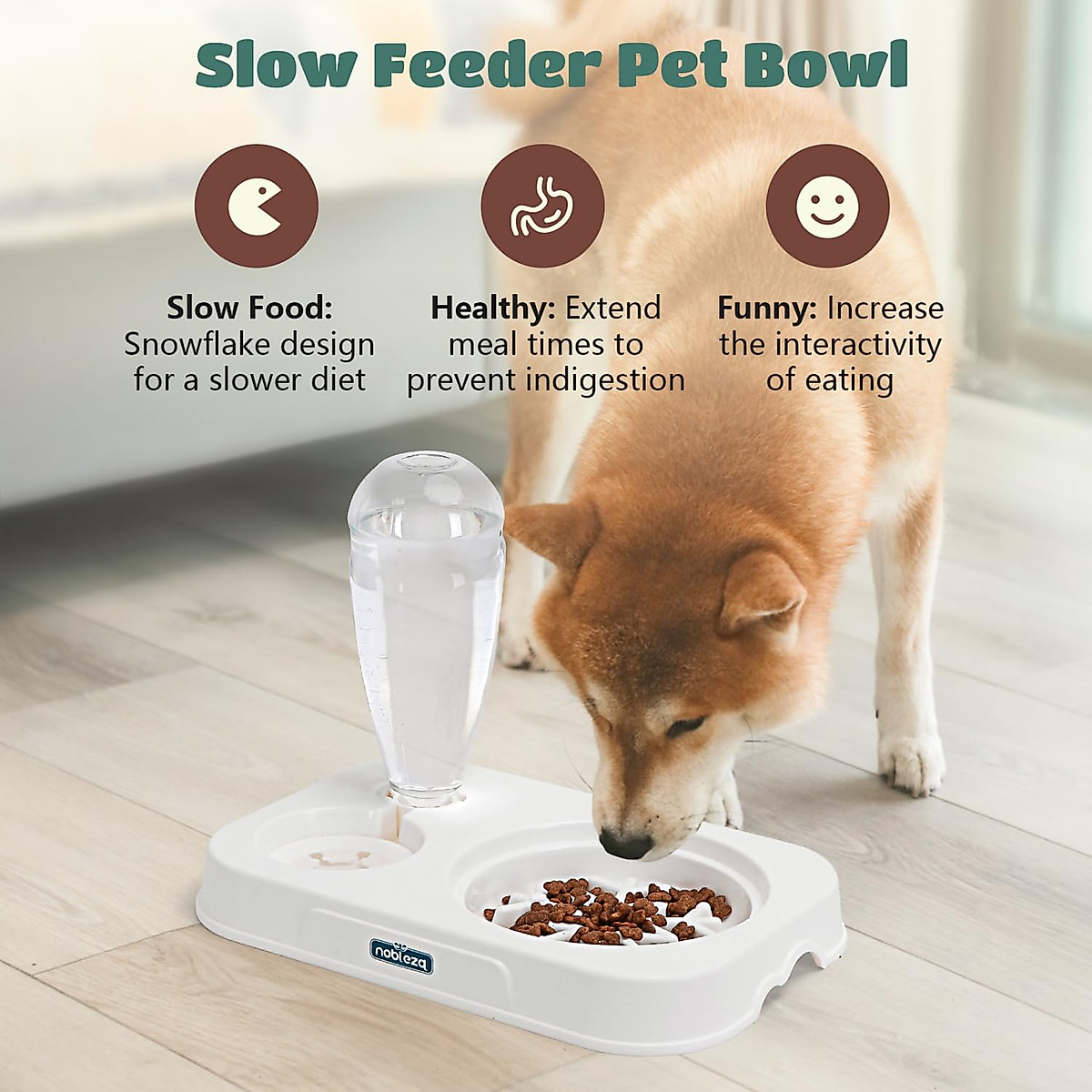Nobleza 3-in-1 Slow Pet Feeder Bowl Bottle Set, Automatic Pet Dispenser Treat Food & Water Bowl with 15° No Spill Tilted Raised Bowl for Cat Dog Small Medium Pet Kitten Puppy Bunny Healthy Food Water