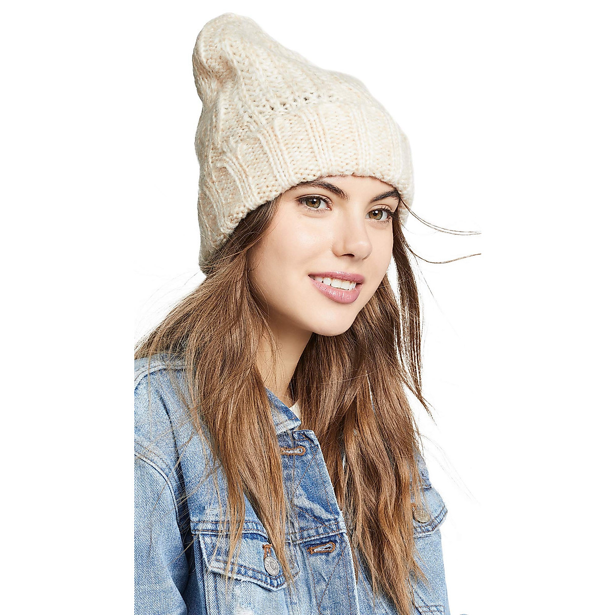 Free People Women's Harlow Cable Knit Beanie, Ivory, Off White, One Size