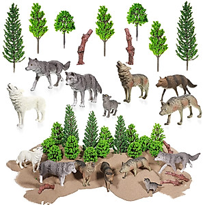 Sratte 26 Pcs Woodland Wolf Figurines Toys Model Trees Kit with Wolf Figurine Wolf Toy Playset Diorama Project Kit Cake Toppers for Kids Toddlers Birthday Gift Decor(Wolf Style)