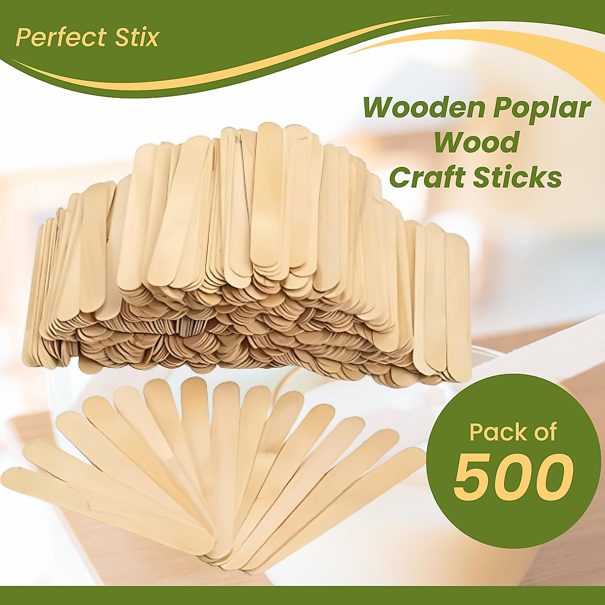 Perfect Stix Wooden Poplar Wood Craft Sticks. Jumbo Size, 6 x 3/4, Wood, Natural Poplar Wood, 500Ct. Multipurpose Craft, Popsicles, Waxing, Arts and Crafts.