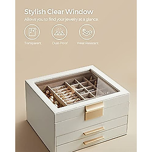 SONGMICS Jewelry Box with Glass Lid, 3-Layer Jewelry Organizer, 2 Drawers, Jewelry Storage, Lots of Storage Space, Modern, Gift Idea, 8 x 9.1 x 5.3 Inches, Cloud White and Gold Color UJBC239WT