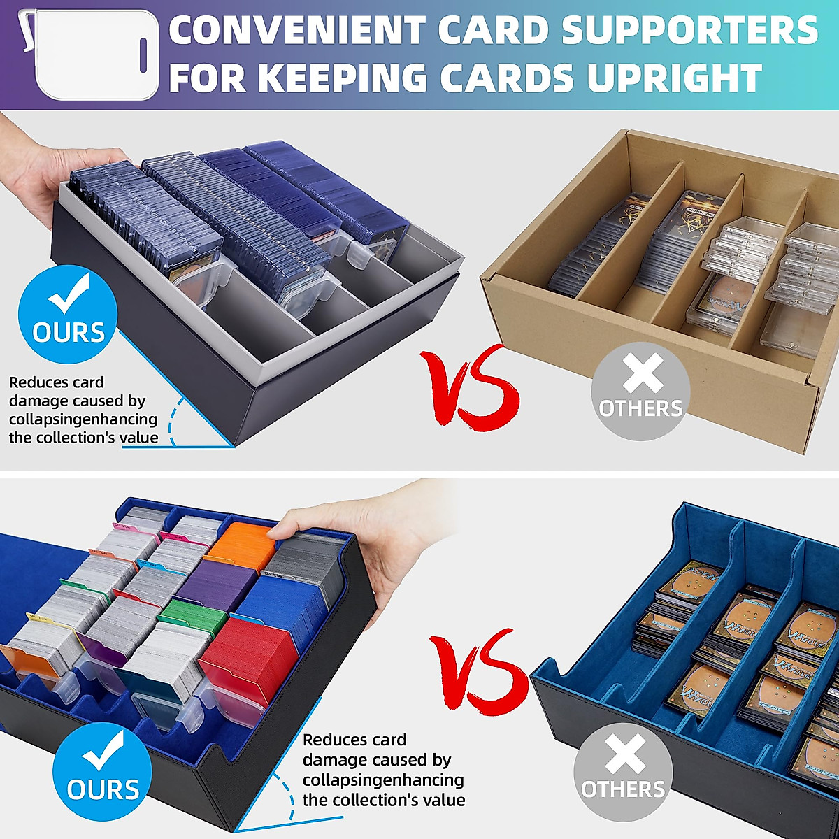 AFIING Trading Card Storage Box 6000+ Capacity – DIY Toploader Case w/ 24 Dividers & 8 Supports, Fits 3x4 Rigid Card, Deck Box for MTG TCG Sports Cards– Black & Blue