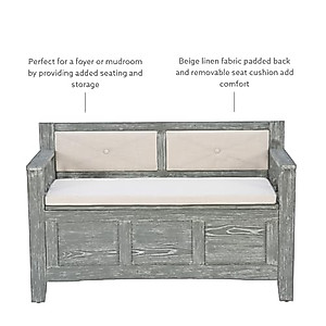 Linon Weathered Grey Carlton Storage Bench with Beige Upholstered Back and Cushioned Seat
