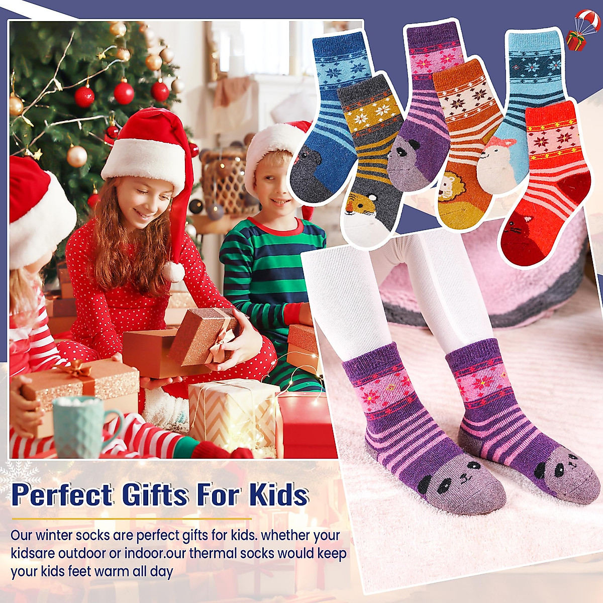 Eocom 6 Pairs Children's Winter Warm Wool Socks Kids Toddlers Boys Girls Thermal Thick Boot Cozy Crew Socks (8-12 Years, Snowflake Animal)